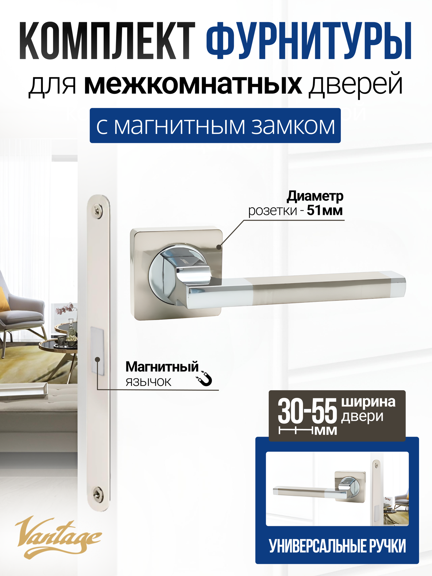 Ручка дверная межкомнатная с магнитной сантехнической защелкой комплект, алюминиевый сплав, матовый никель/глянцевый хром