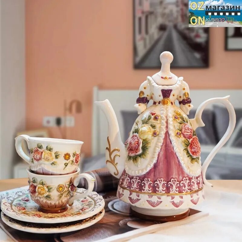 Сервиз кофейный, из керамики, белый, салатовый и светло-розовый, для чая и кофе — фото 1