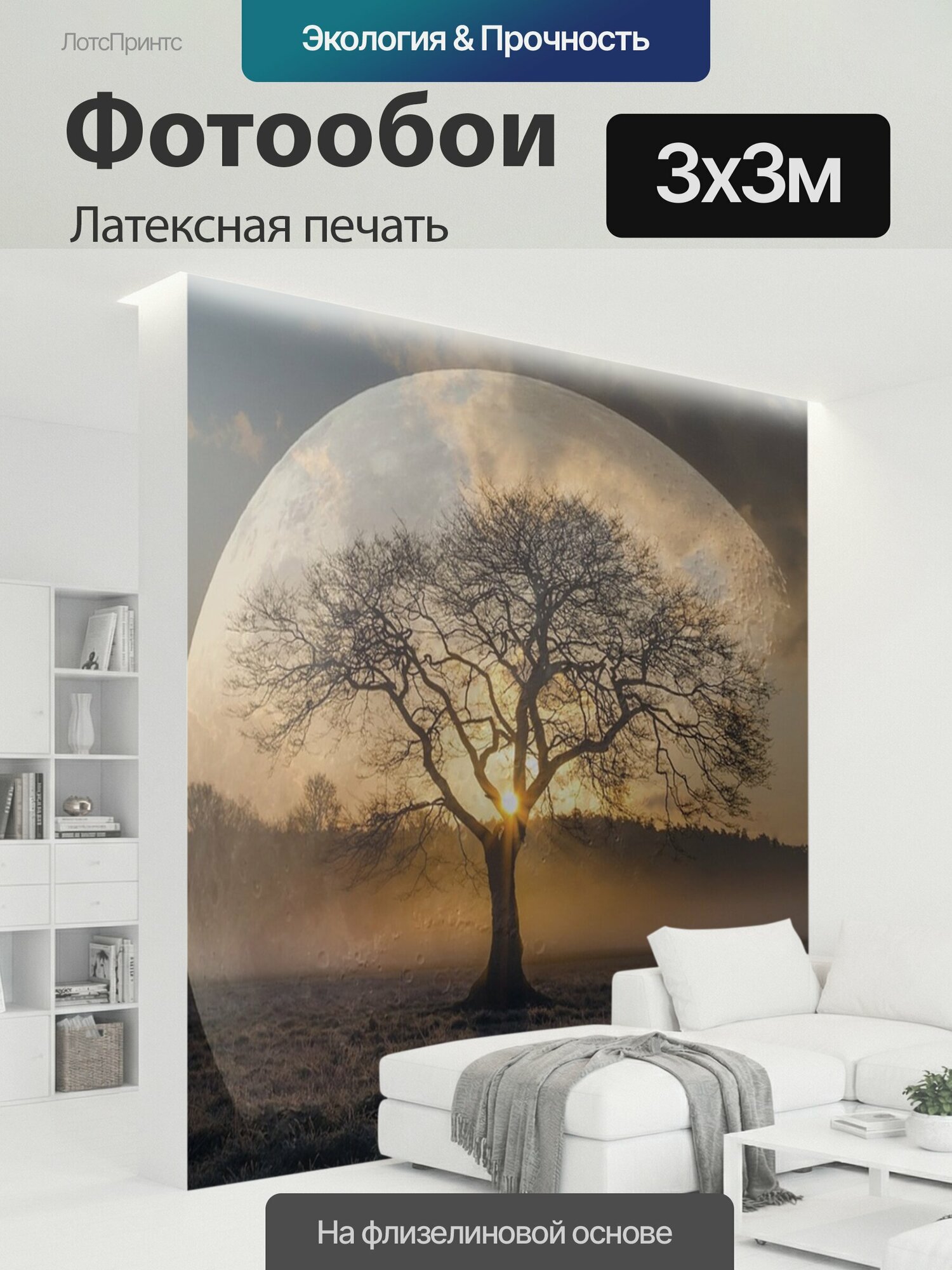 Фотообои моющиеся ударопрочные "Луна, ночь, полнолуние" 300x300 см. латексная печать