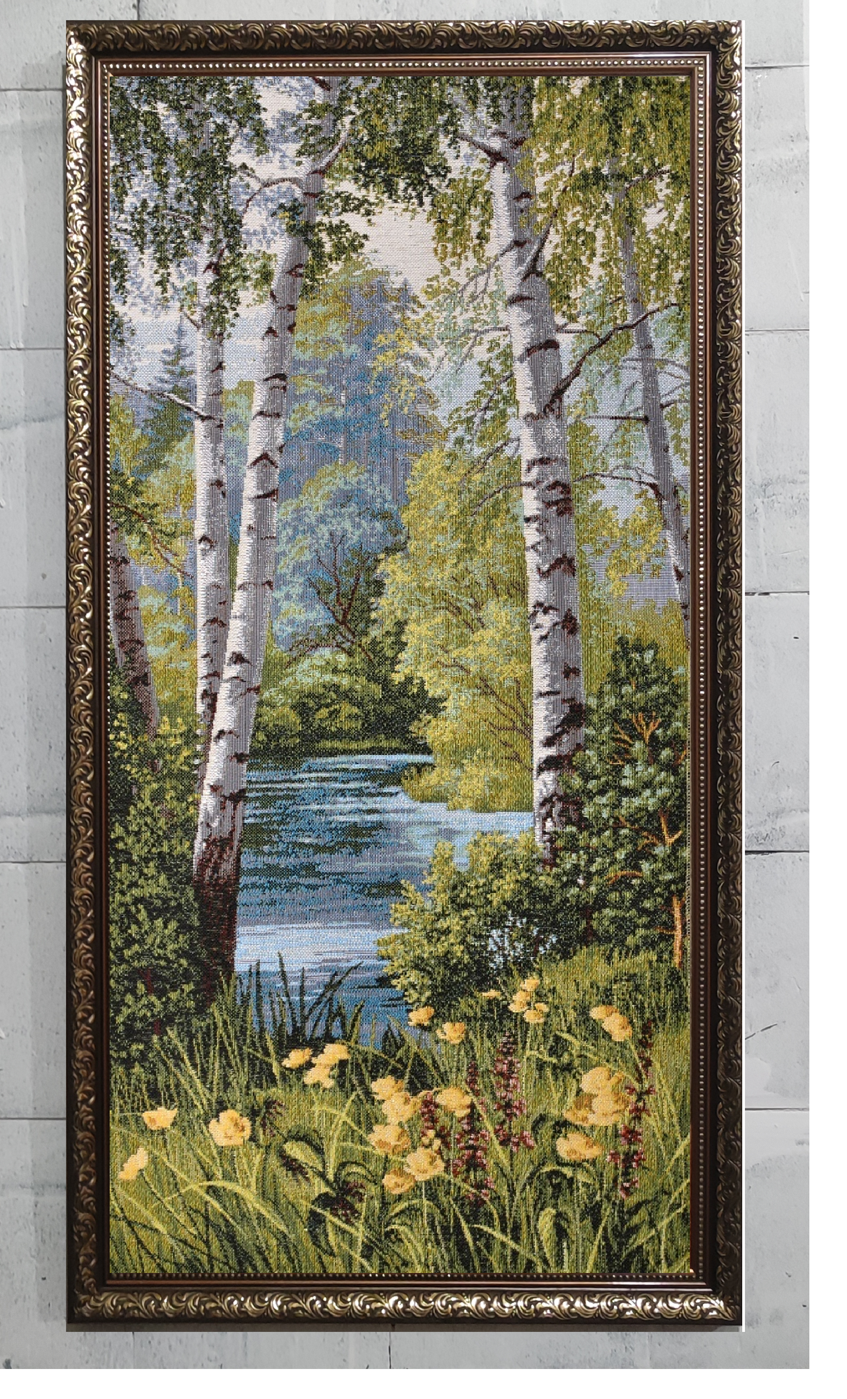 Гобеленовая картина "Летний пейзаж с березами" 40х72 в раме коричневого цвета