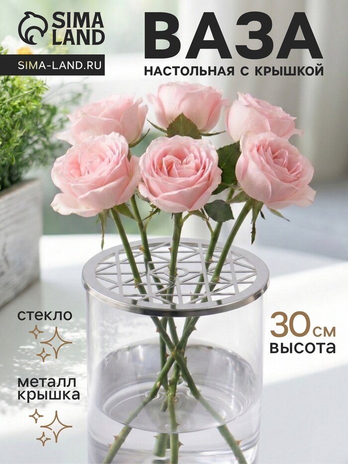 Ваза для цветов с крышкой Альваро, 30×15 см, стекло, прозрачная