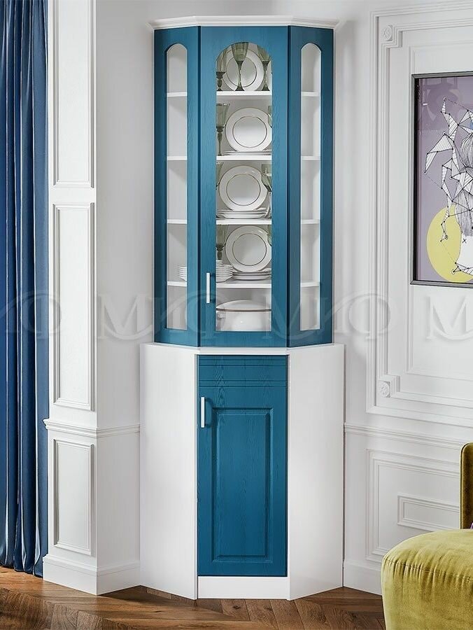 Буфет для кухни Констанция, угловой кухонный шкаф для посуды напольный с фасадами МДФ, 58х225х58 см, Джинс/Белый