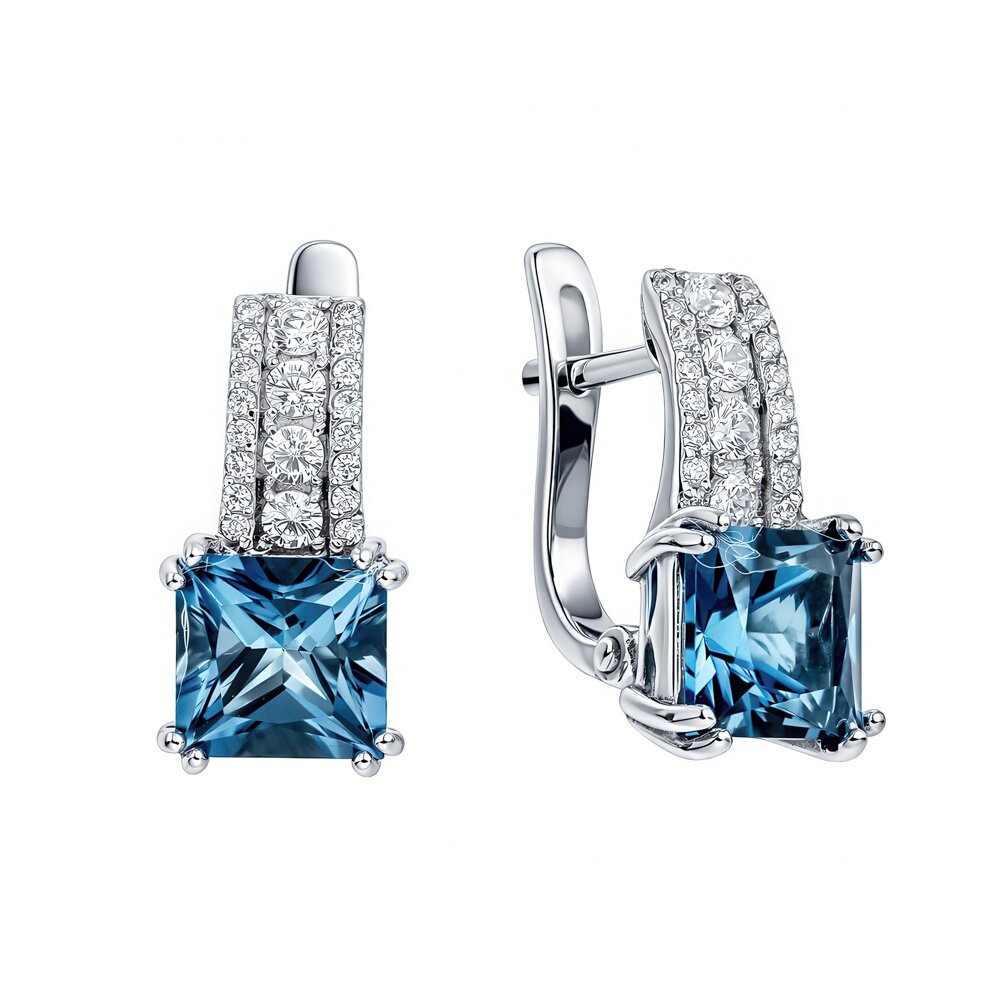 Серьги, белое золото, 585 проба, родирование, фианит, Лондон топаз