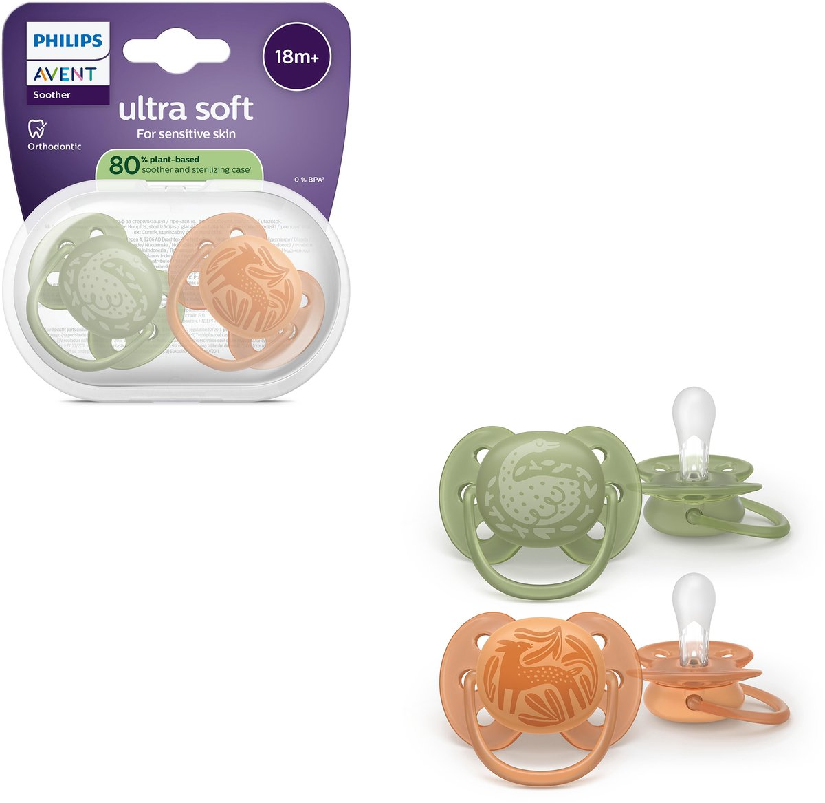 Пустышка Philips Avent Ultra Soft SCF093/06 18+ мес, зеленый/оранжевый, 2 шт
