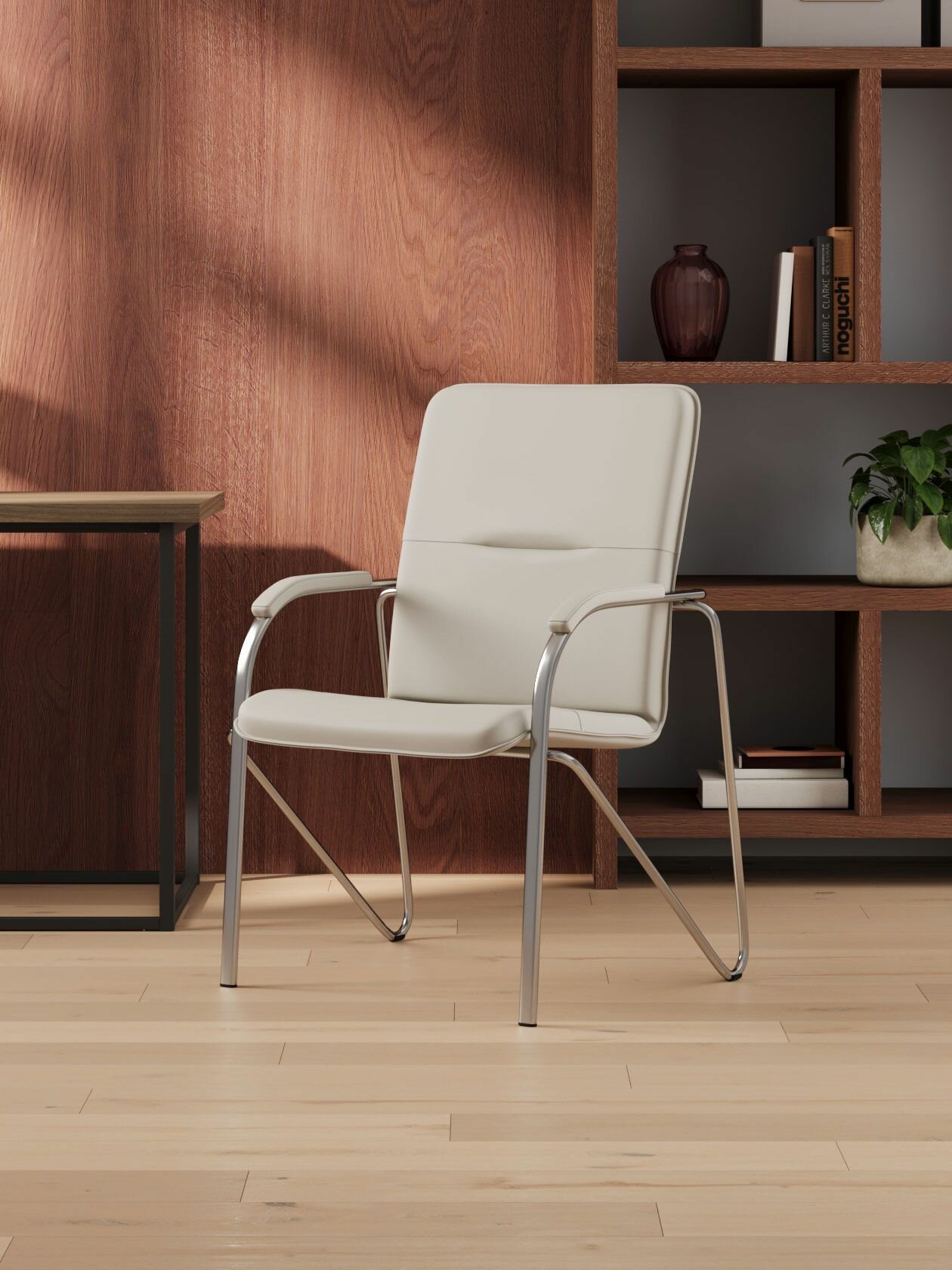 Офисный стул Самба М металлический, с подлокотниками, на ножках, иск. кожа, 1 шт, 60x58x88,5 см, Бежевый