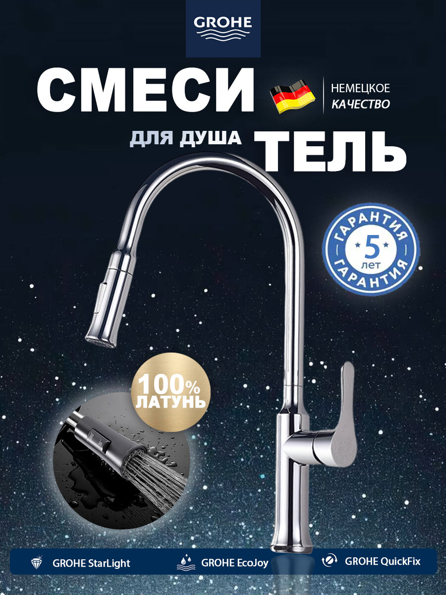 GROHE Смеситель для кухни с гибким выдвижным изливом, латунь, хром