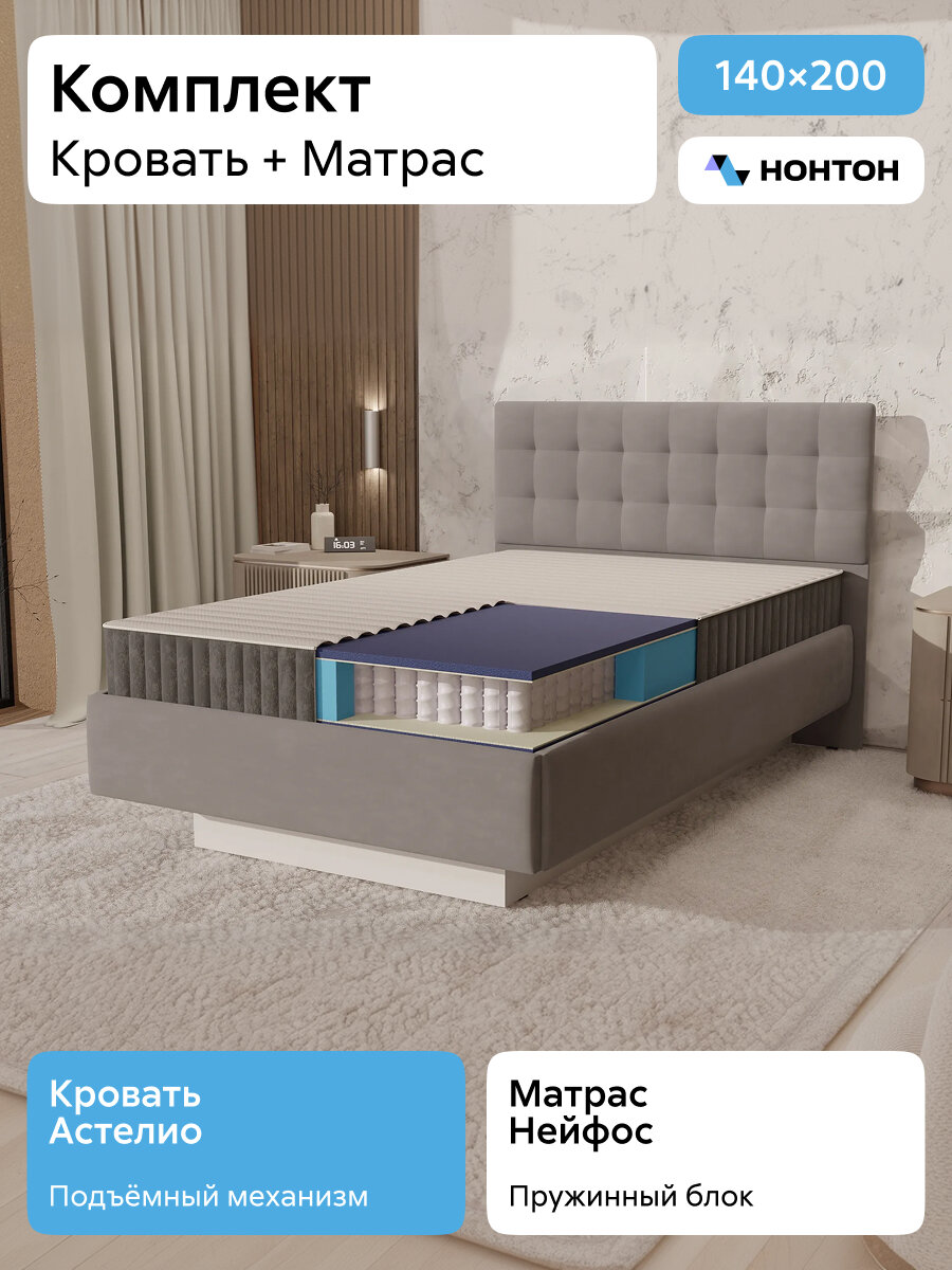 Кровать двуспальная Нонтон Астелио, 140x200 см, ламели, с ПМ, Матрас НПБ 4 Нэйфос, серая