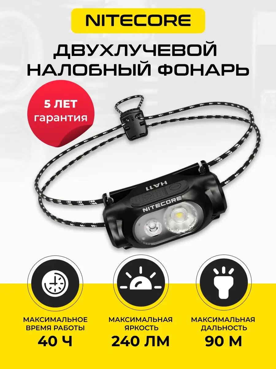 Фонарь налобный аккумуляторный светодиодный Найткор HA11