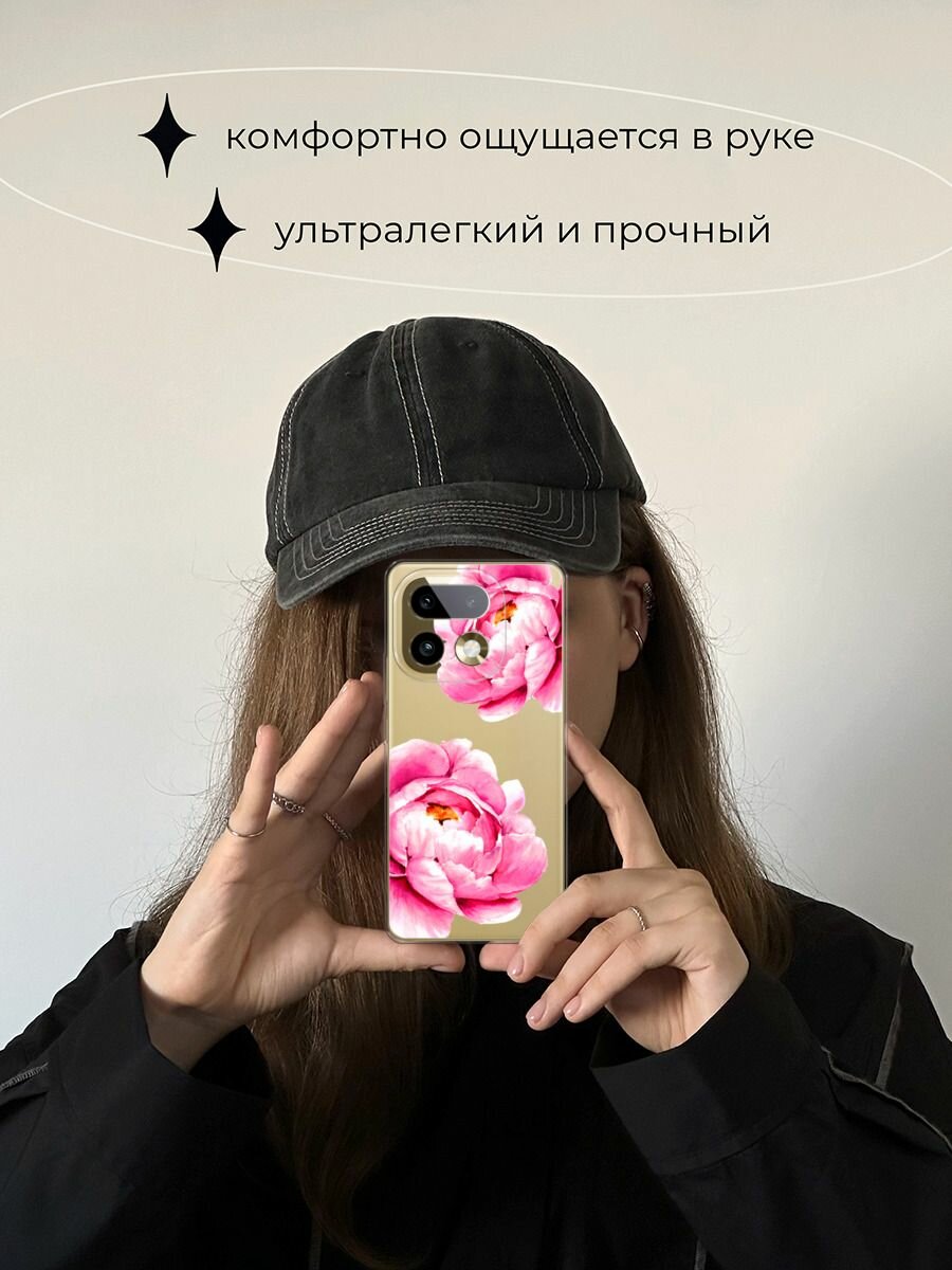 Чехол на Realme 16 Pro+ / Реалме 16 Про+ с принтом Open peonies, прозрачный — фото 1