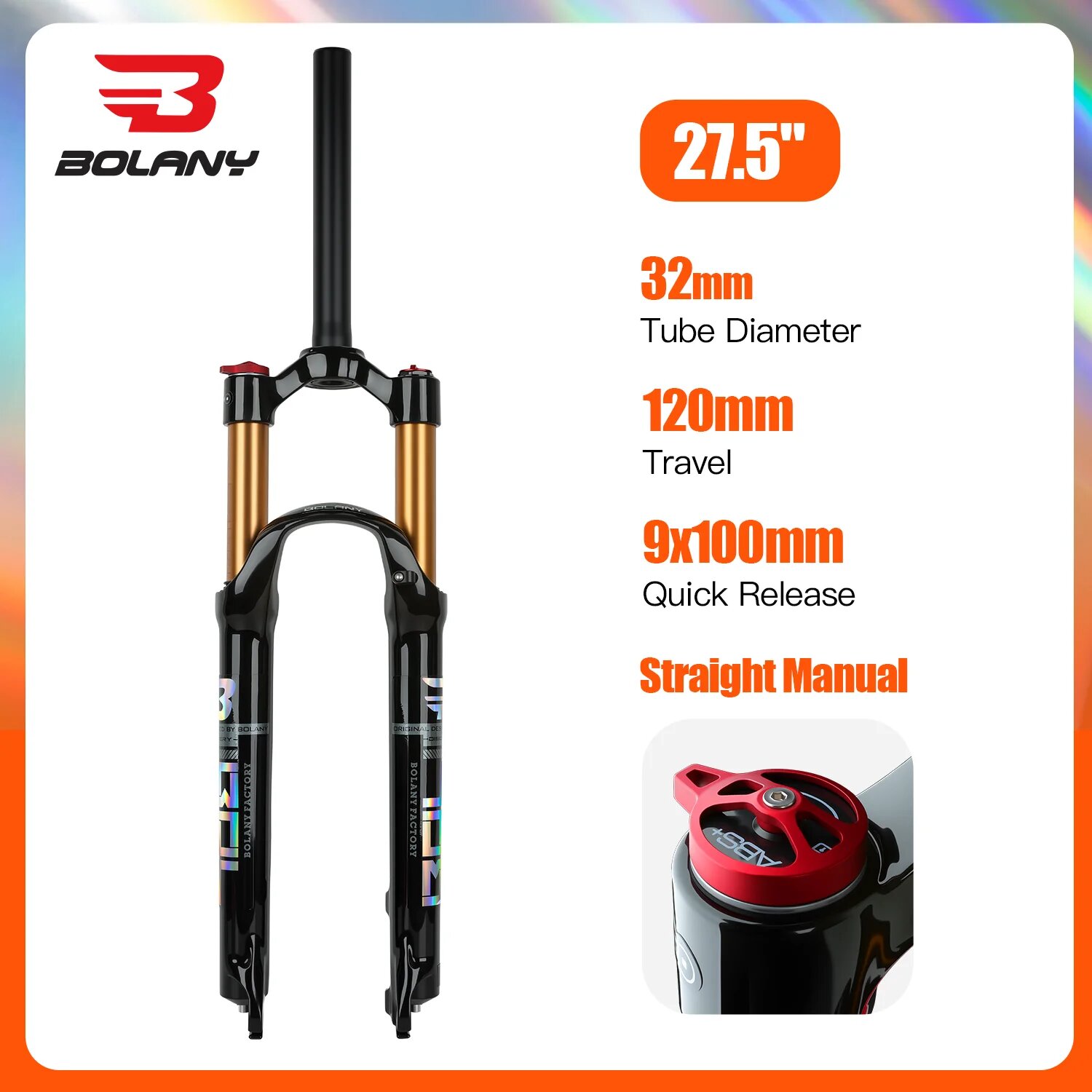 Вилка амортизационная BOLANY 27.5", 32mm, 120mm, 9x100mm, Straight Manual