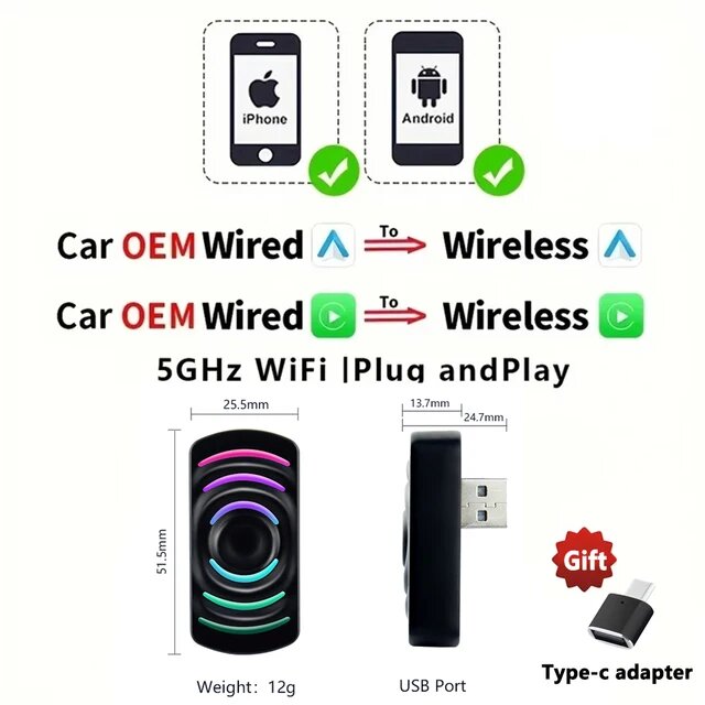 Беспроводной адаптер EKY 2-в-1 CarPlay, беспроводная автомобильная система Android с искусственным интеллектом, подходит для автомобилей с проводным CarPlay.