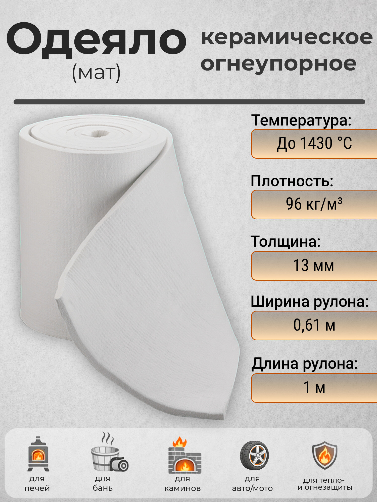 Одеяло (мат) керамическое огнеупорное 1430 C, толщина 13 мм, плотность 96 кг/м, 1 м
