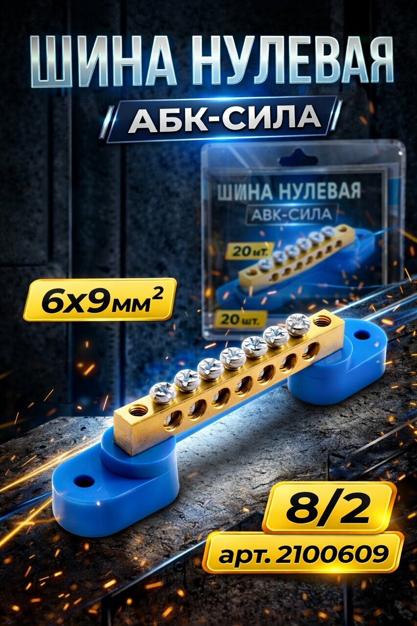 Шина нулевая 6х9мм² 8/2 синий изолятор в щиток абк-сила 2100609 (20шт)