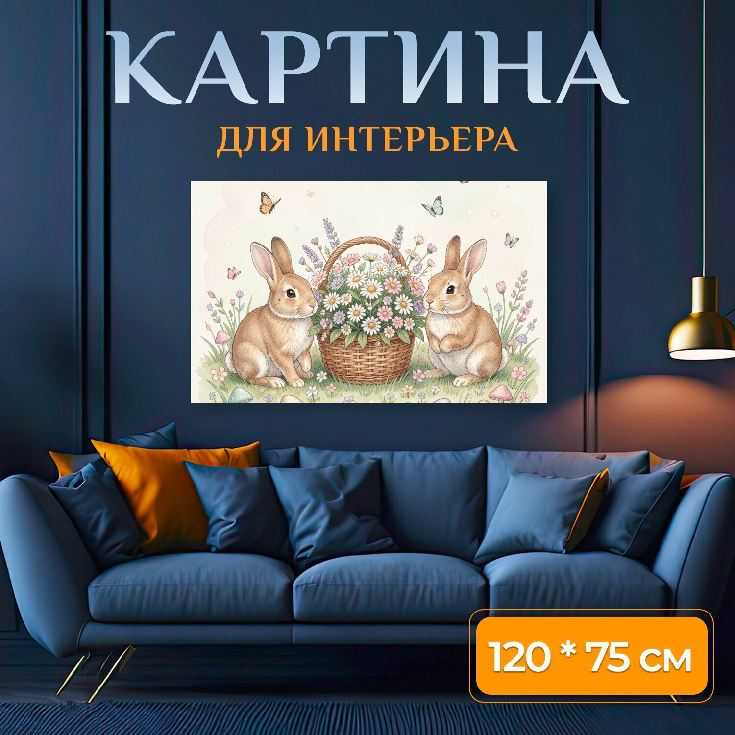 Картина на холсте "Пасхальные кролики с корзиной цветов. Нежная весенняя иллюстрация с двумя пушистыми зайчатами, корзиной полевых ромашек и." на подрамнике 120х75 см. для интерьера