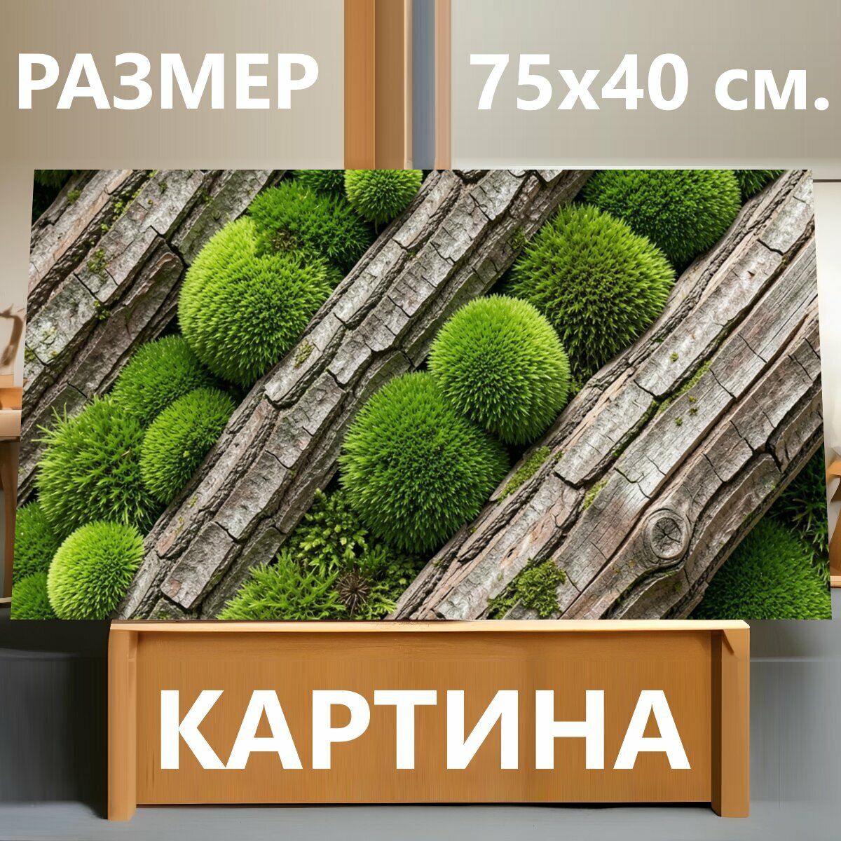 Картина на холсте "Зеленые моховые шары и древесина. Фактурная природная композиция: ярко-зеленые шаровидные растения среди состаренных." на подрамнике 75х40 см. для интерьера