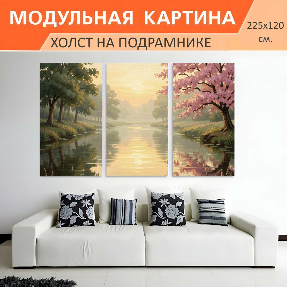 Модульная картина на холсте "Весенний пруд с цветущими деревьями. Спокойный природный пейзаж с зеркальной водной гладью, розовым." триптих на подрамнике 225х120 см. для интерьера