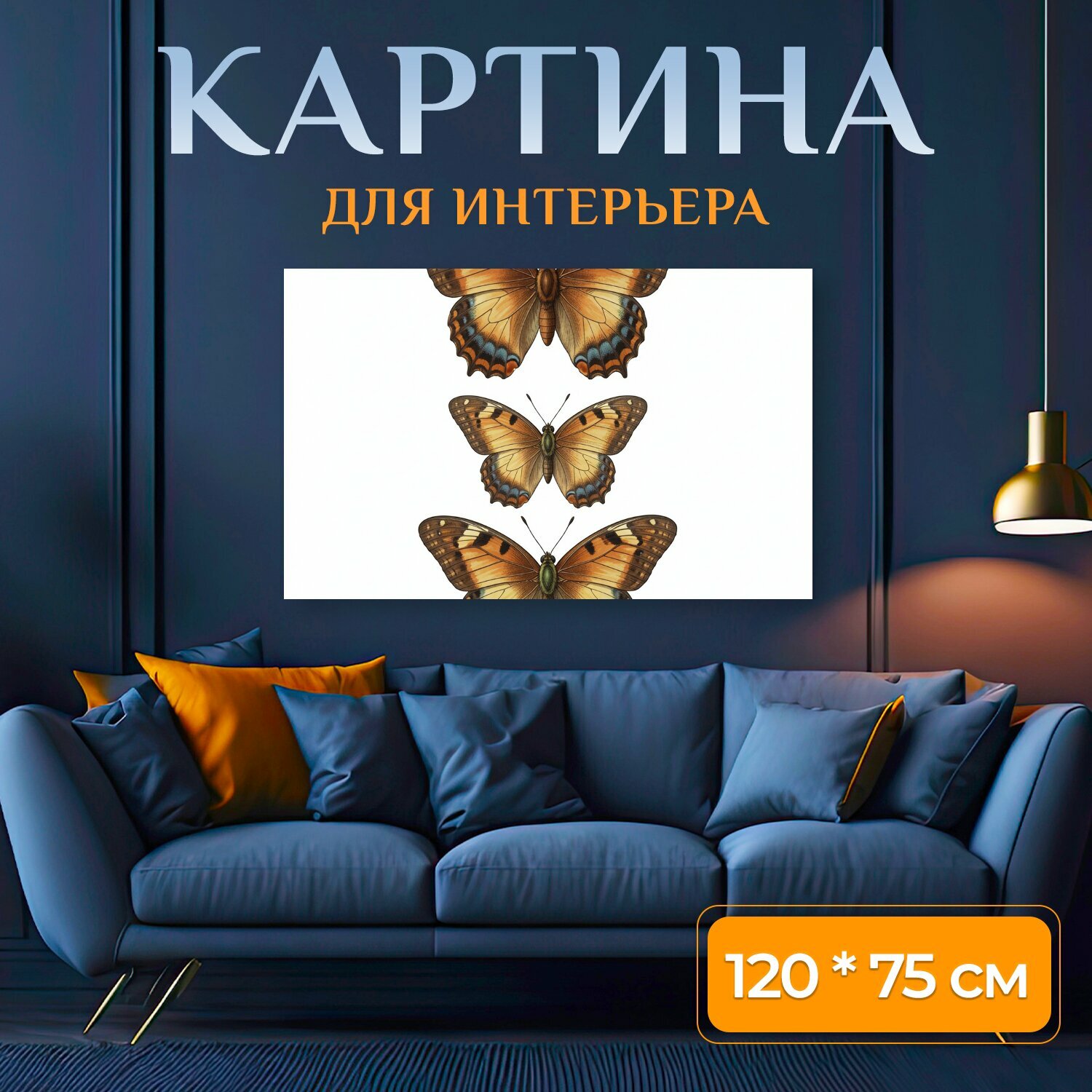 Картина на холсте "Три бабочки на белом фоне. Три изящные насекомые с расправленными крыльями в теплых оранжево-коричневых тонах с голубыми." на подрамнике 120х75 см. для интерьера