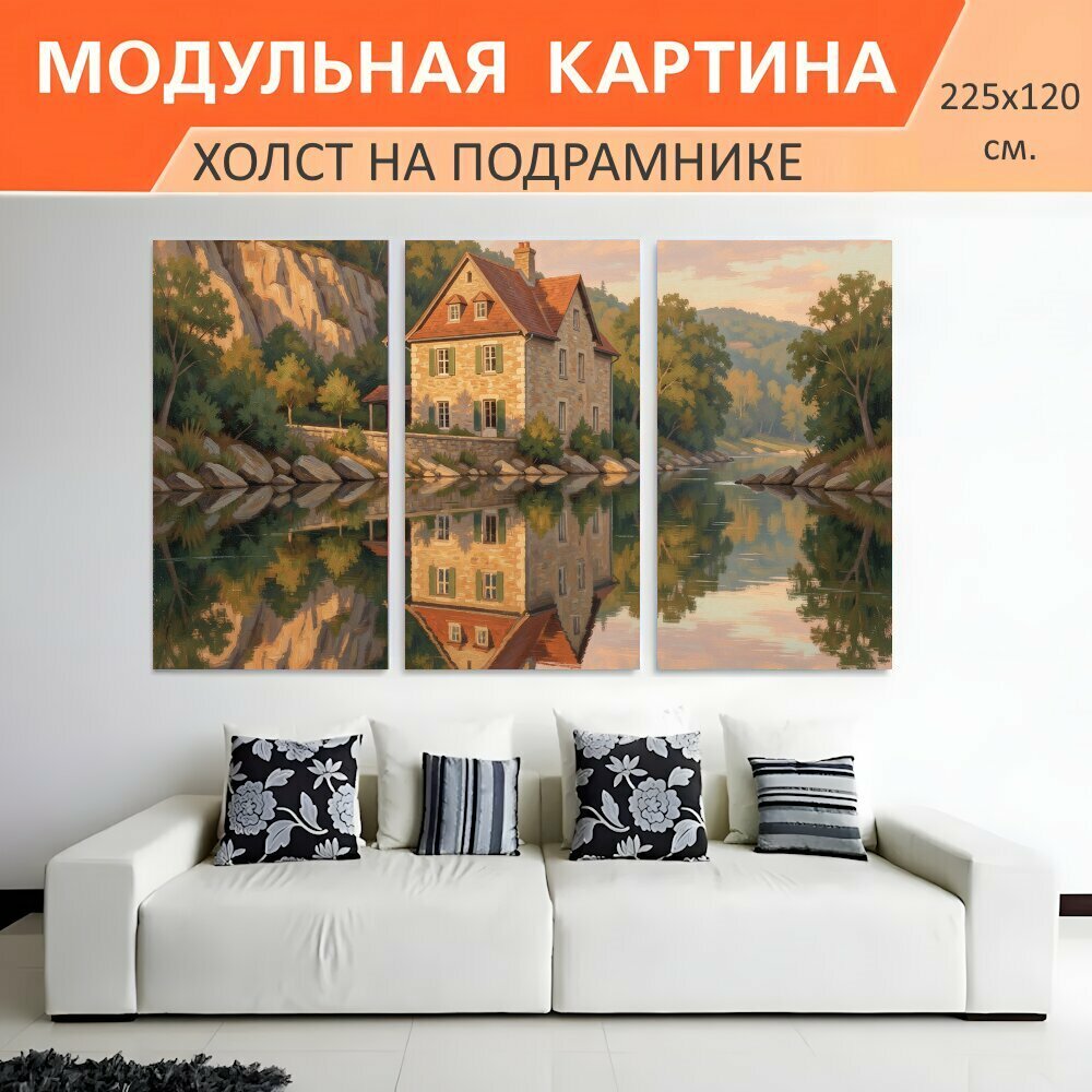 Модульная картина на холсте "Дом у зеркальной реки. Уютный каменный особняк на берегу спокойной воды, отражение в глади, скальные." триптих на подрамнике 225х120 см. для интерьера