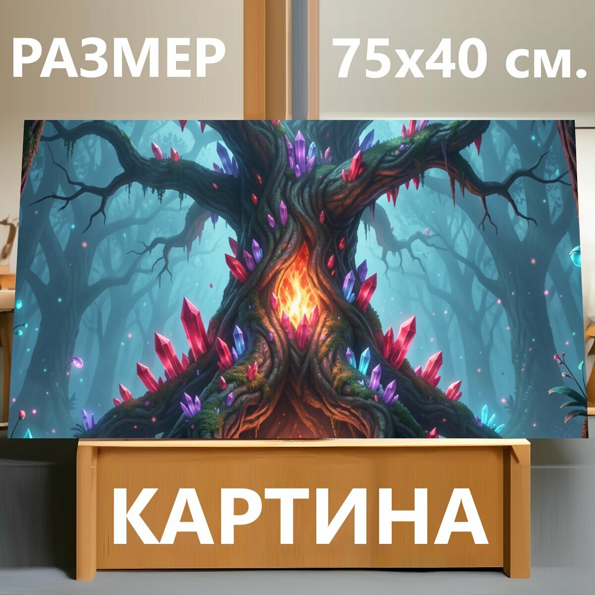 Картина на холсте "Светящееся древо в волшебном лесу. Фэнтезийный лес с древним переплетённым деревом, сияющими кристаллами и огненным светом." на подрамнике 75х40 см. для интерьера