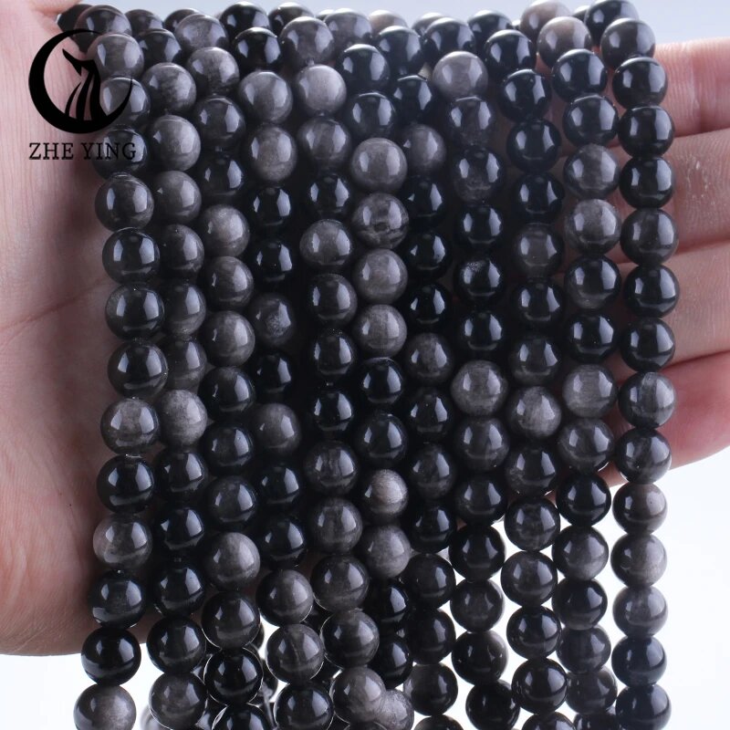 Zhe Ying Черный Турмалин Бусины Круглые 6-10 мм Черный, 8-8.5mm(43-45pcs), 8. Silver obdidian