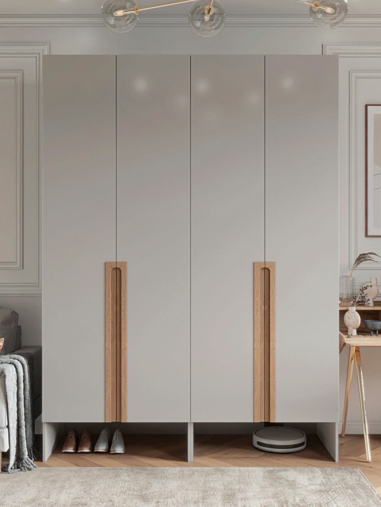 Casa Mia 180x50x220 см. Шкаф для одежды в прихожую распашной, 4-дверный , кашемир, эксклюзивная ручка из дуба