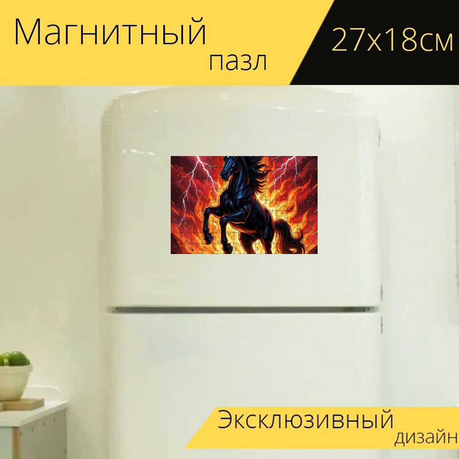 Магнитный пазл "Черный конь в огне и молниях. Фантазийный черный скакун на дыбах среди пылающего пейзажа и вспышек молний. Контрастные красно-оранжевые." на холодильник 27 x 18 см.