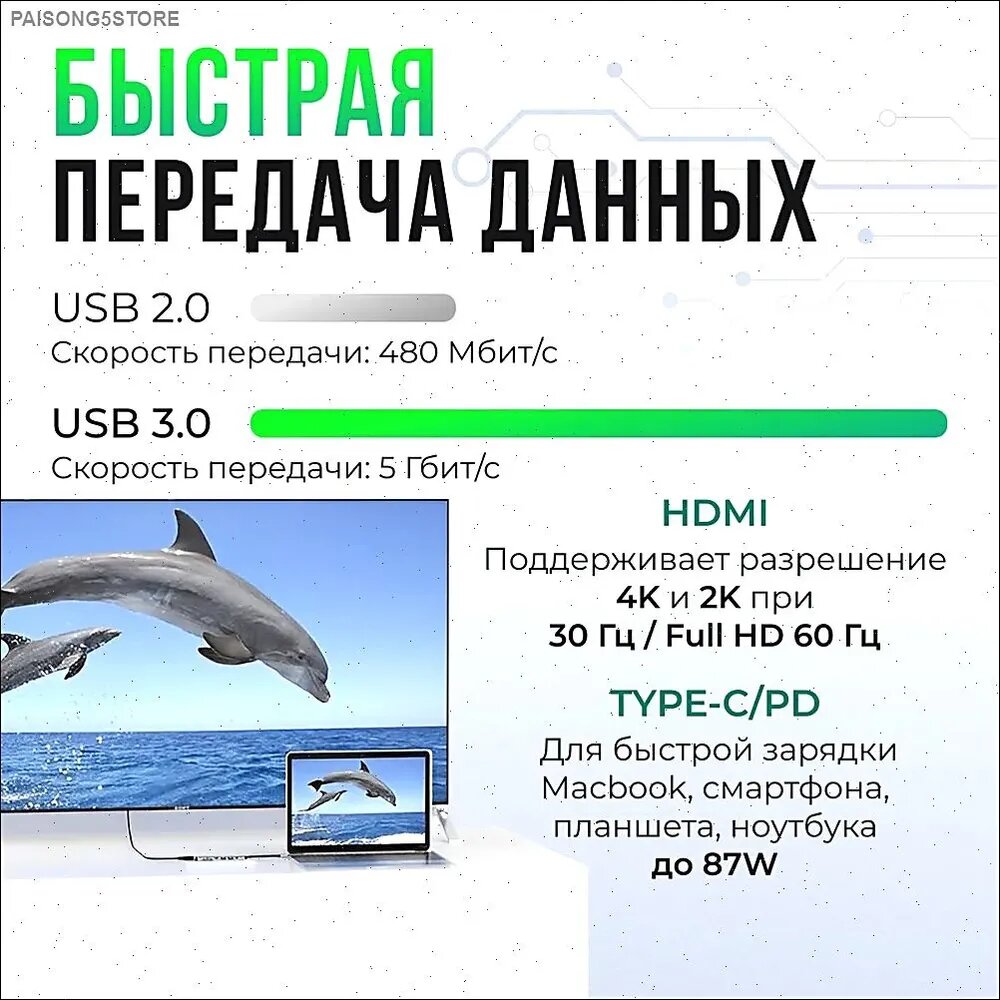USB-концентратор TYPE-C - HDMI 7 портов для MacBook, ПК Windows, смартфонов, серебристый — фото 1