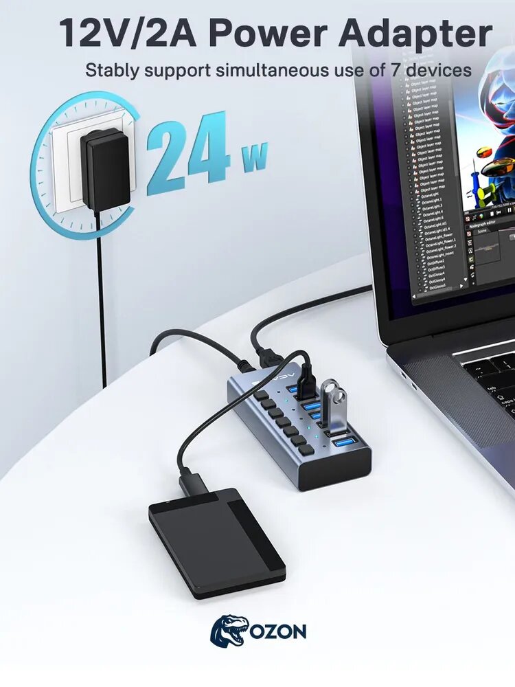 ACASIS USB 3.1 Хаб 7 в 1, 10Gbps, серый, металлический корпус, 7 портов USB 3.1 — фото 1