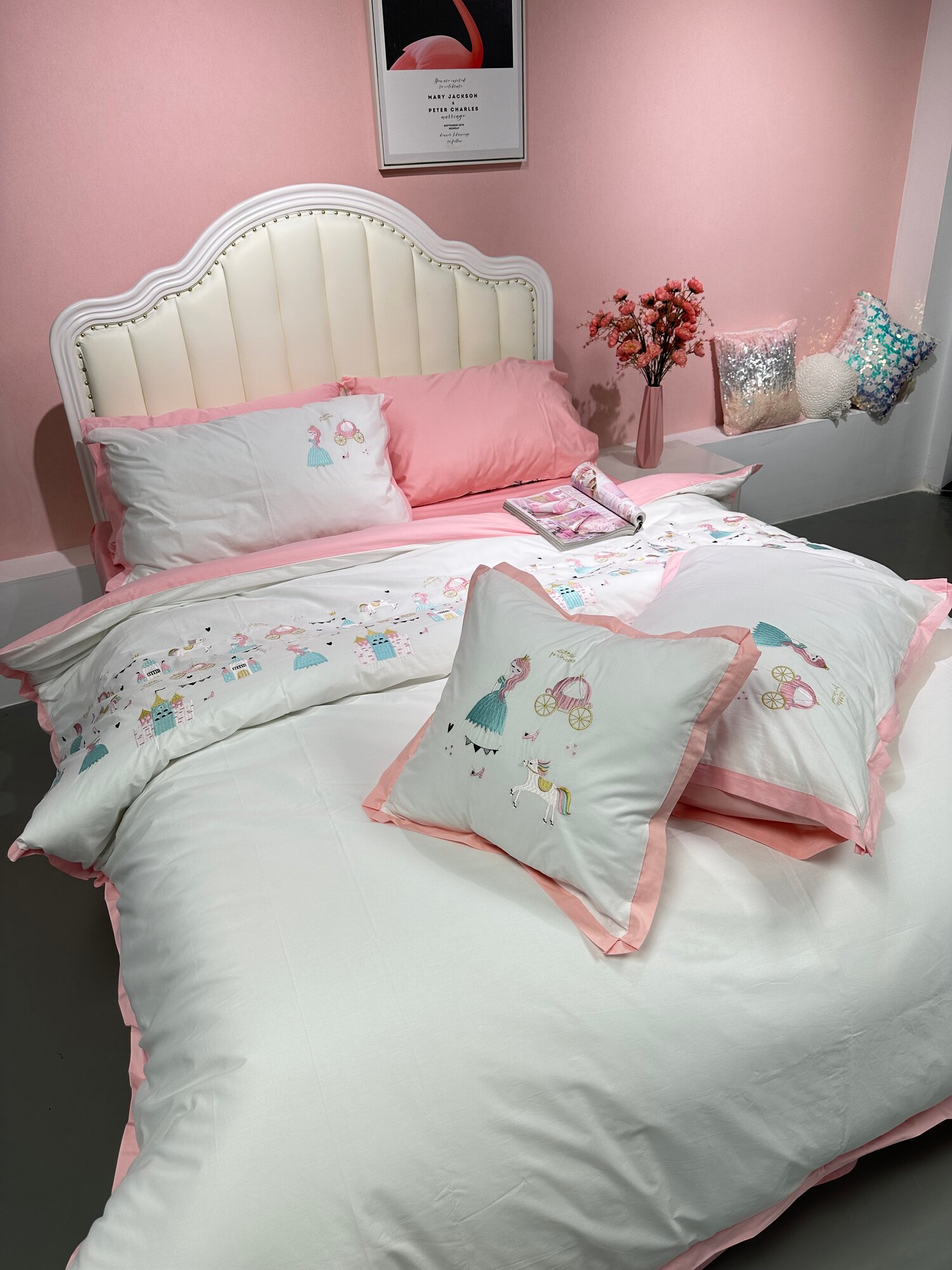 Детское постельное белье EASY Home Textiles из хлопка, однотонное, белое и розовое, с вышивкой «Замок, Принцесса,