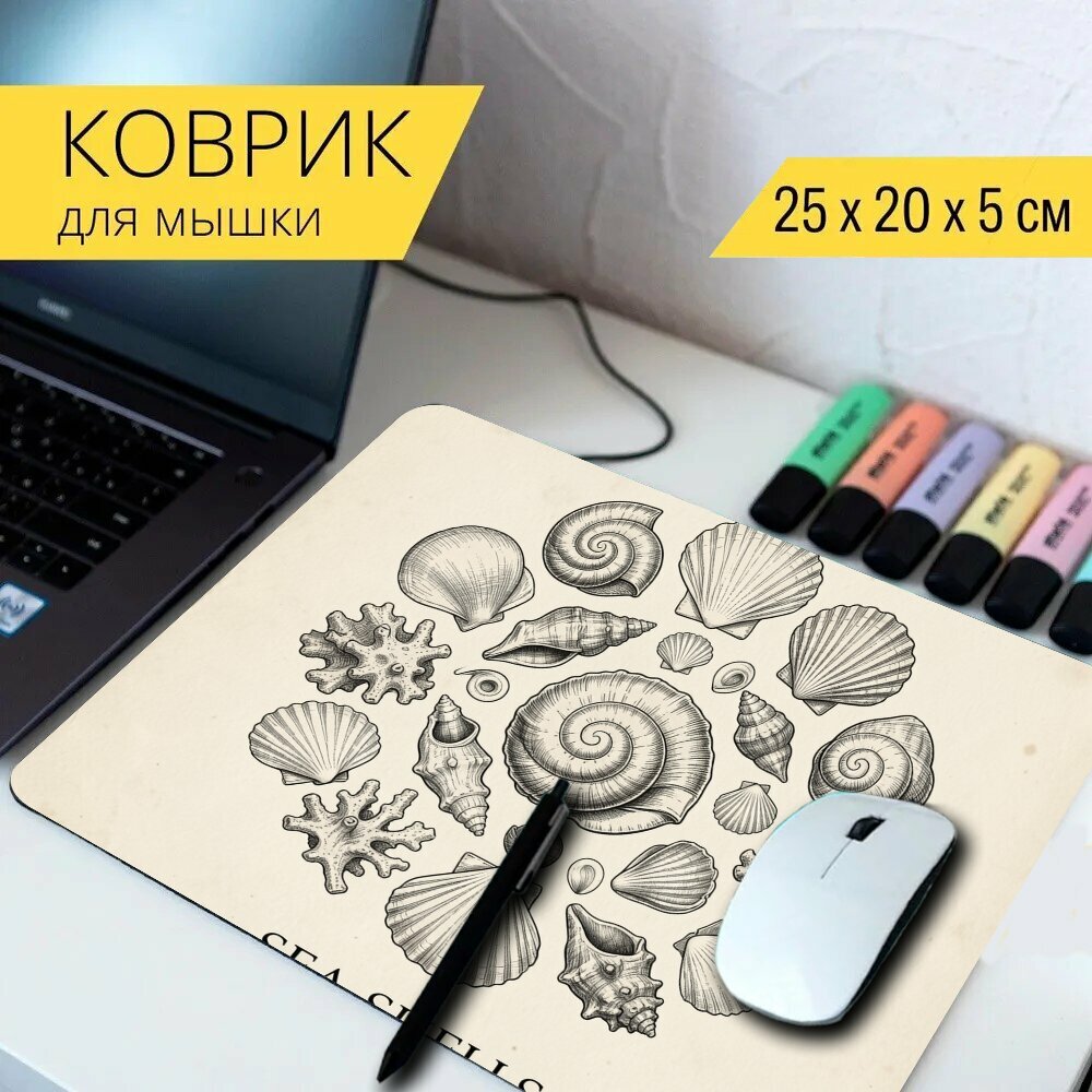 Коврик для мыши с принтом "Морские ракушки в винтажной композиции. Графическая композиция из разнообразных морских створок, спиральных моллюсков и кораллов в черно-белой." 25x20см.