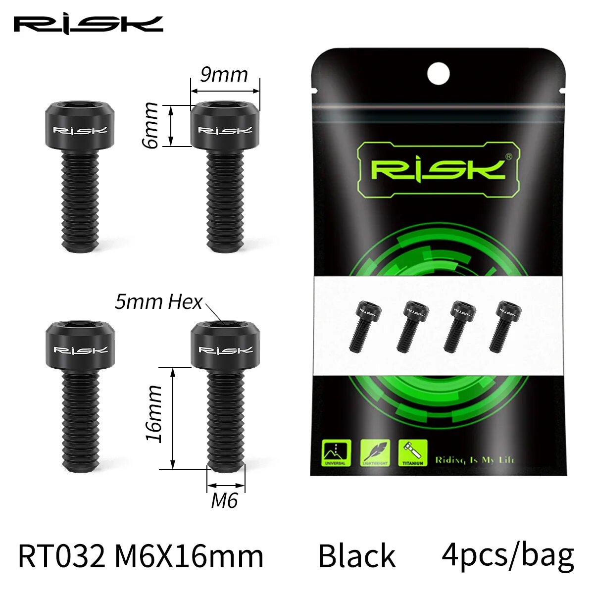 Болты RISK RT032 M6x16mm Black 4шт