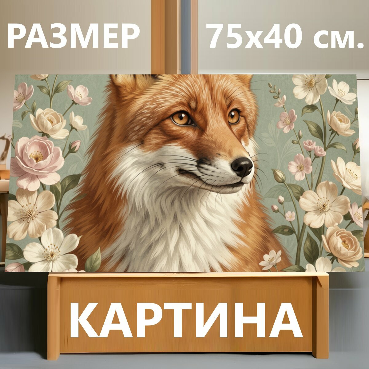 Картина на холсте "Лиса среди нежных цветов. Реалистичная рыжая лисица в окружении пастельных садовых соцветий на приглушенном зеленом фоне." на подрамнике 75х40 см. для интерьера