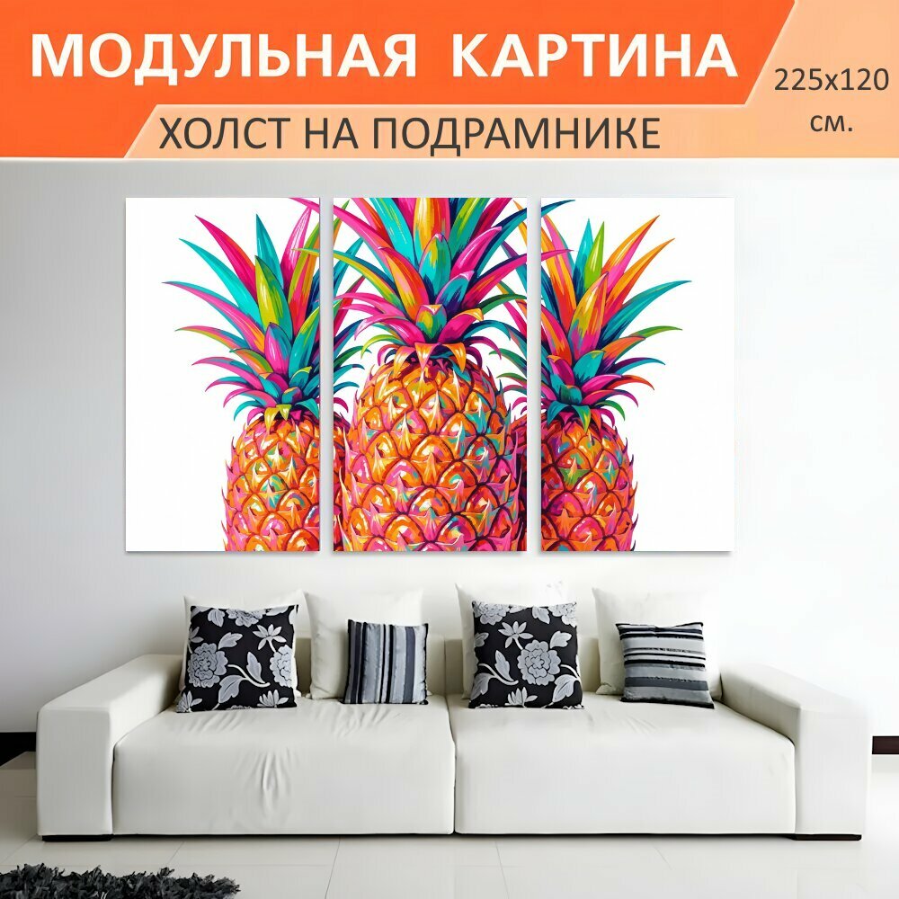 Модульная картина на холсте "Яркие ананасы на белом фоне. Три тропических плода в неоновой палитре, выполненные в современном поп-арт." триптих на подрамнике 225х120 см. для интерьера
