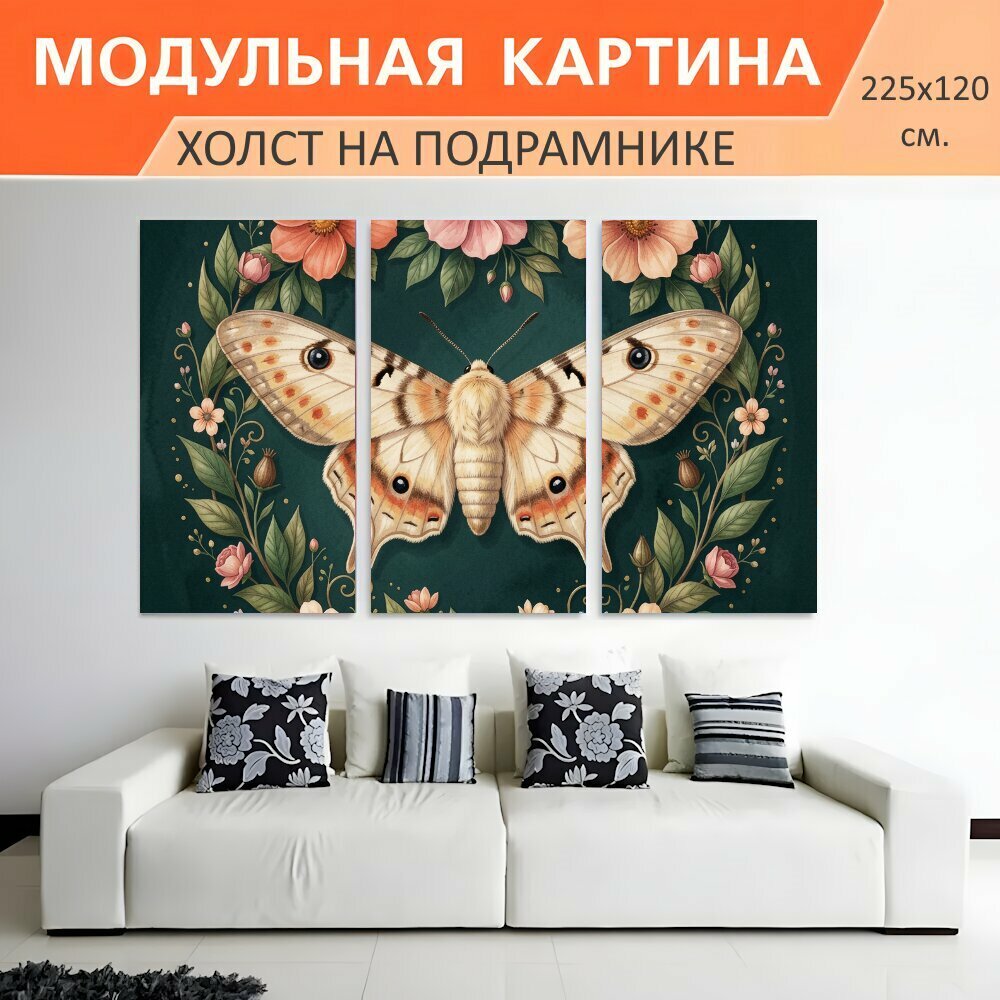 Модульная картина на холсте "Бабочка в цветочном венке. Нежная декоративная композиция с крупной ночной бабочкой, обрамлённой." триптих на подрамнике 225х120 см. для интерьера