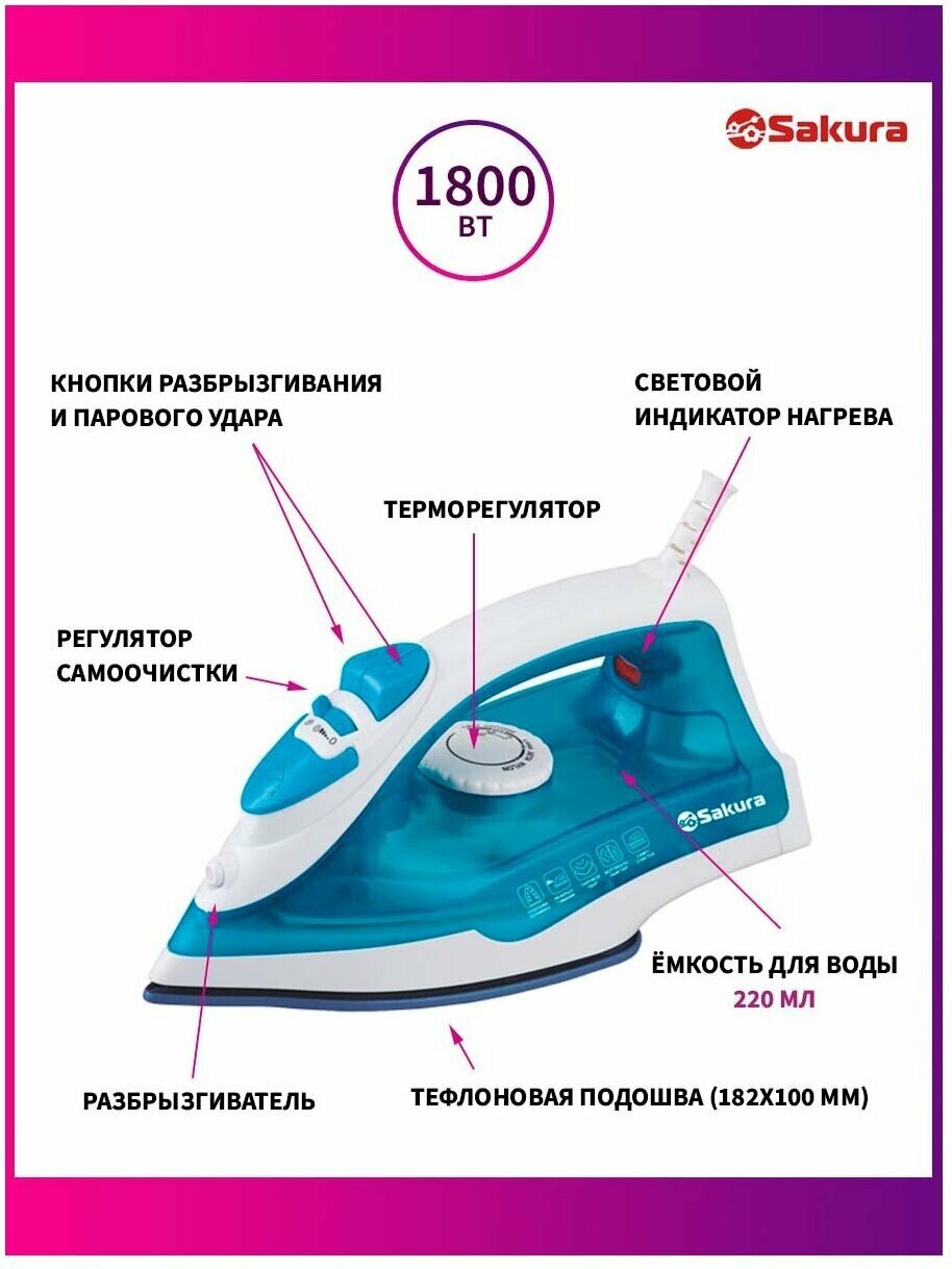 Утюг Sakura "SA-3063NG", мощность 1800 Вт, 220 мл, тефлоновое покрытие