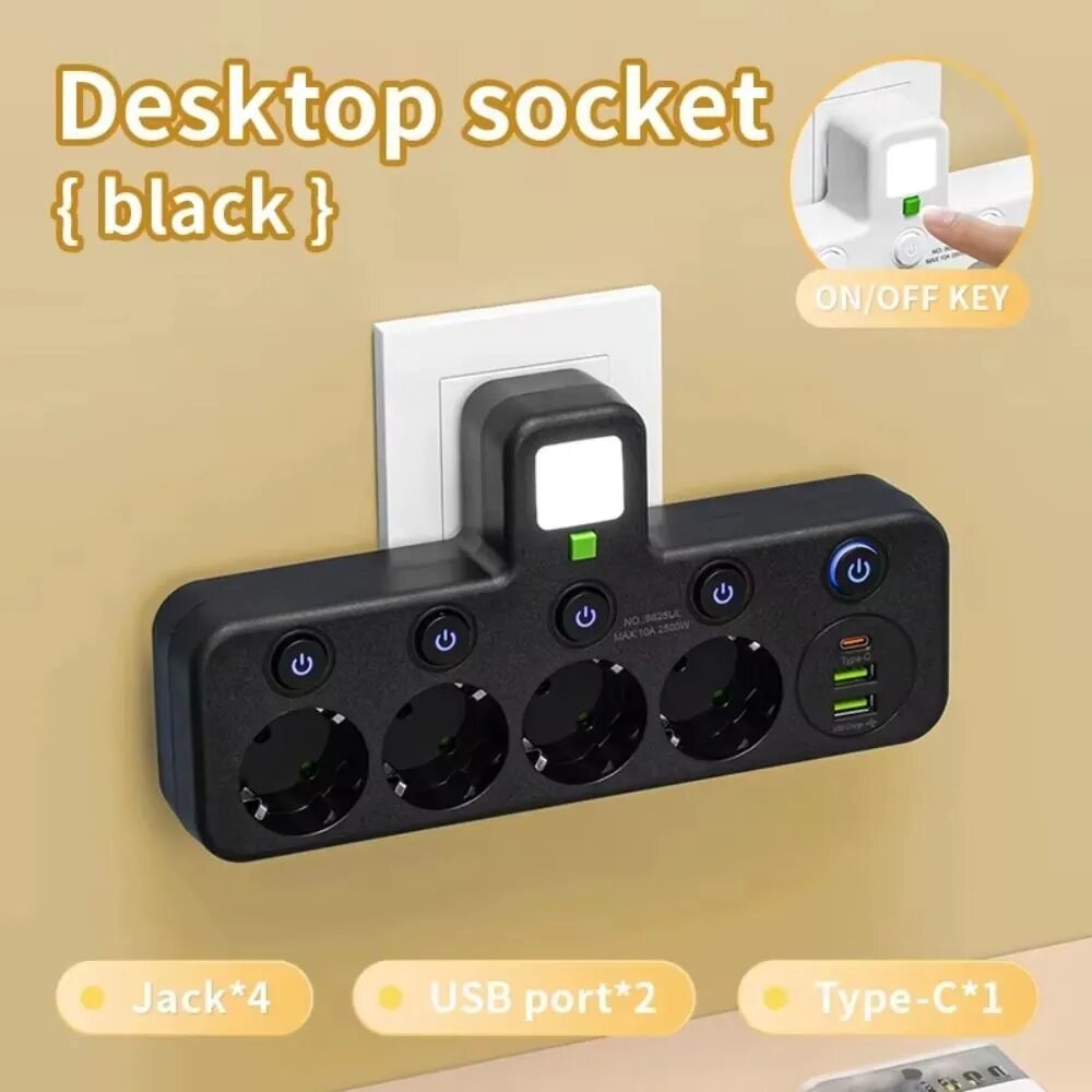 Настольная розетка с евровилкой, 4 розетки, 2 USB, 1 Type-C, белый, 2500 Вт, 10 А — фото 1