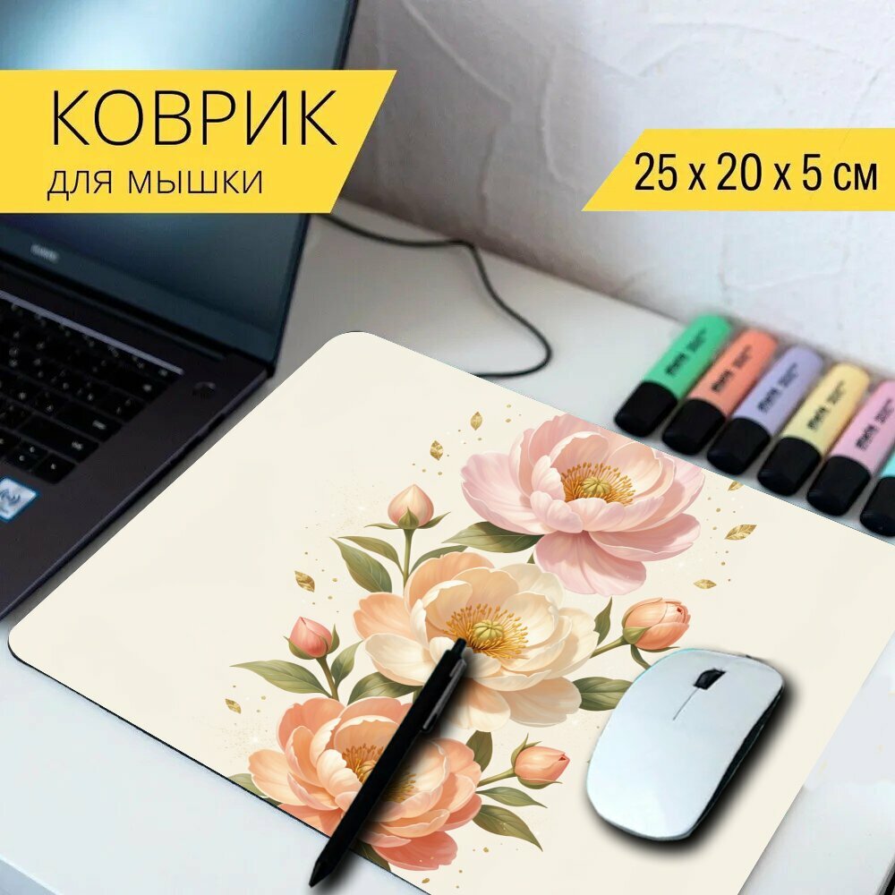 Коврик для мыши с принтом "Три цветка пиона на светлом фоне. Нежная ботаническая композиция с крупными махровыми цветами, бутонами и зелёными листьями; пастельные розовые и." 25x20см.