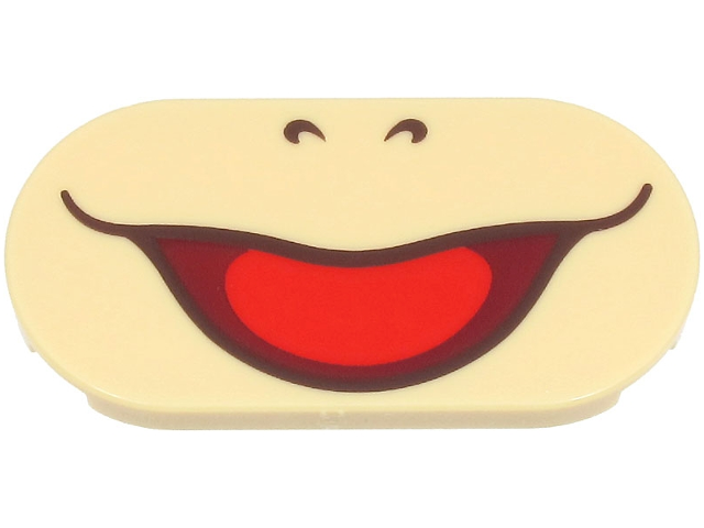 Tile, Round 2 x 4 Oval with Dark Brown Nostrils and Wide Open Mouth Smile with Red Tongue Pattern (Super Mario Lemmy Lower Face), 66857pb034 Tan U