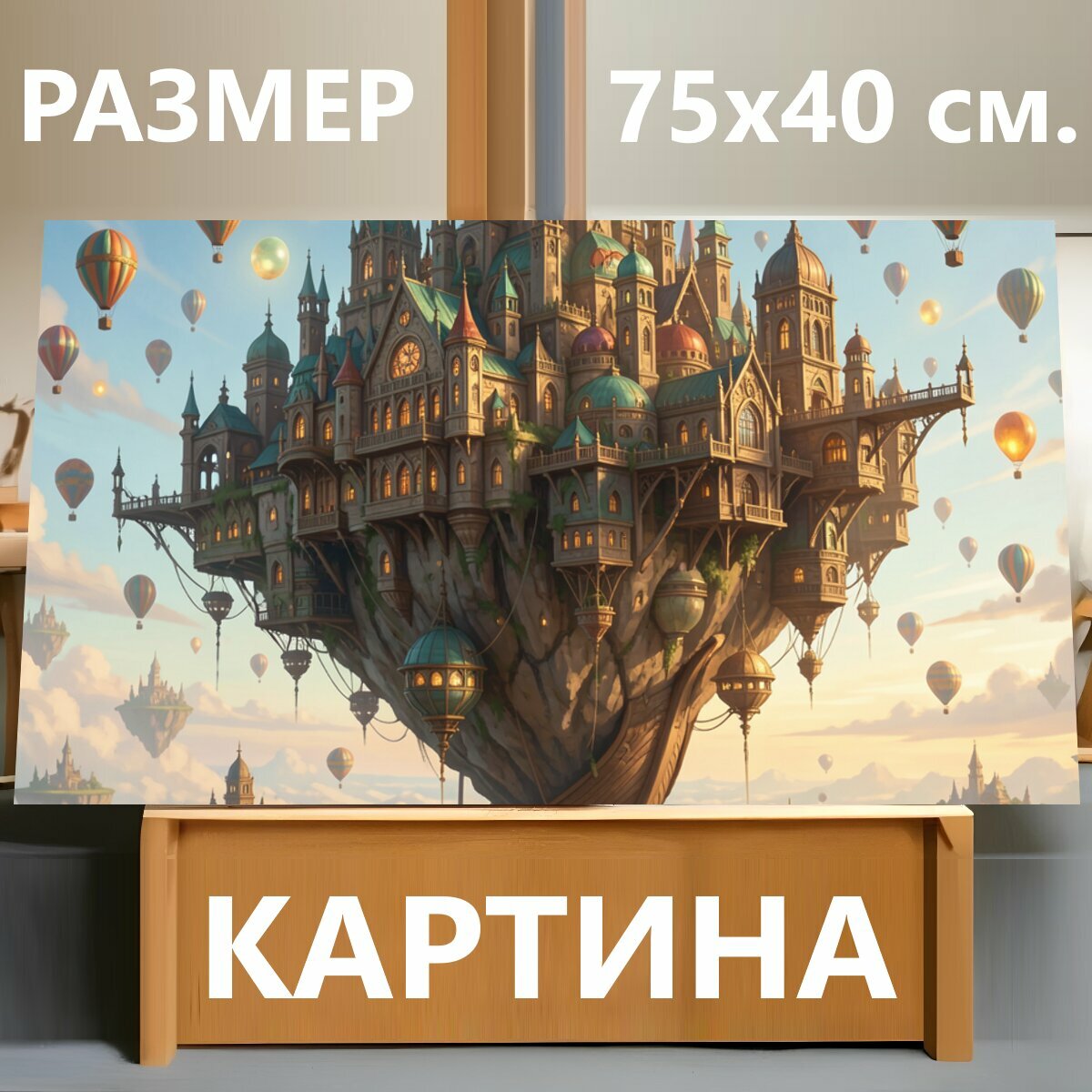 Картина на холсте "Летающий замок в облаках. Фантазийный сказочный город на парящей скале с башнями и куполами, вокруг множество воздушных." на подрамнике 75х40 см. для интерьера