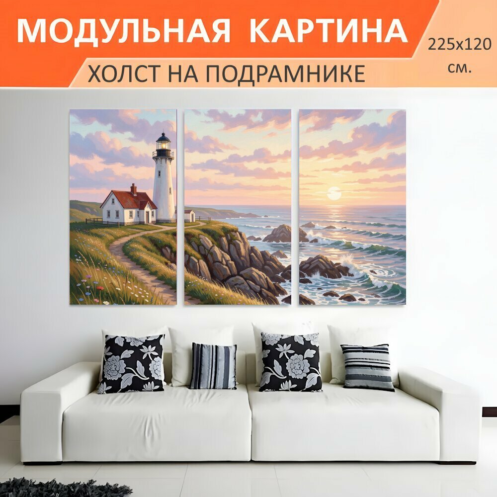 Модульная картина на холсте "Маяк на морском утесе. Пастельный прибрежный пейзаж с белой башней у скал, цветущими травами и тропинкой." триптих на подрамнике 225х120 см. для интерьера