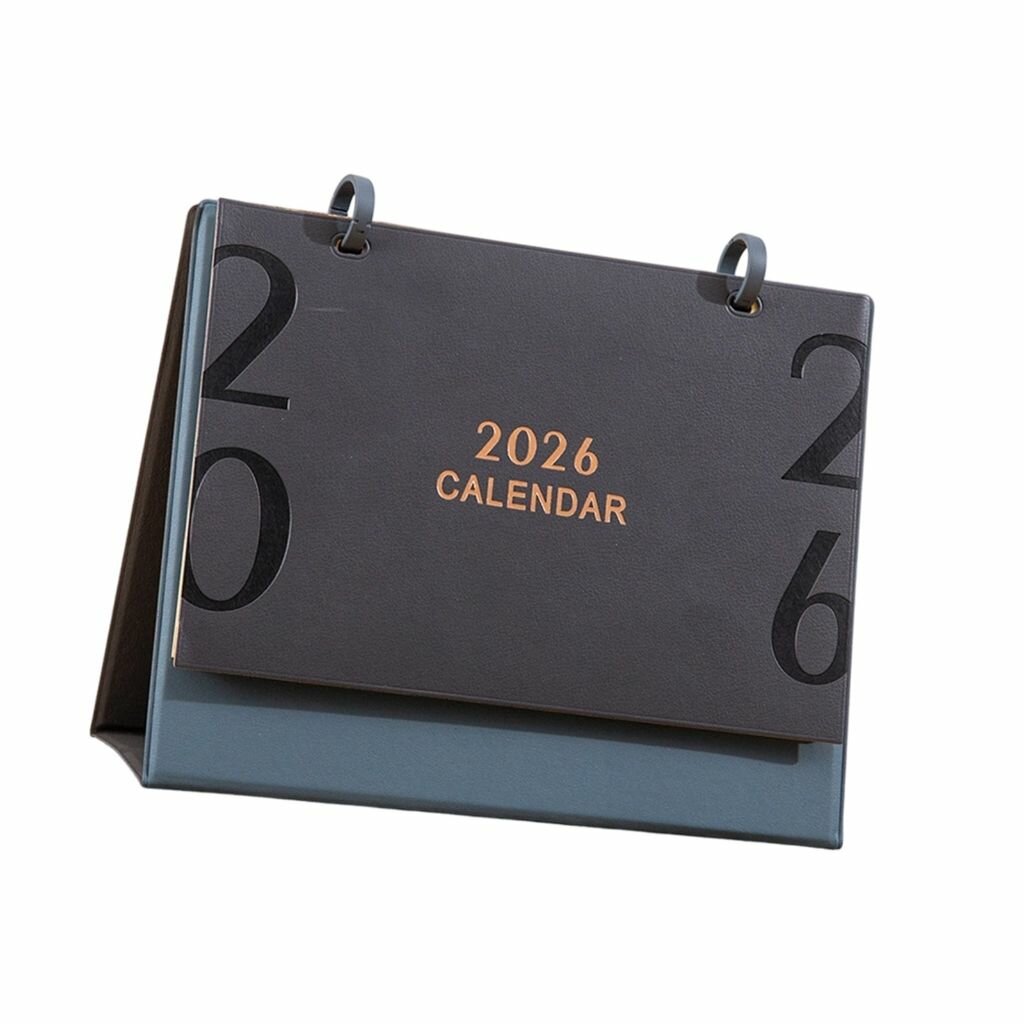 Минималистичное оформление настольного календаря из кожи 2026 года -темно-серый