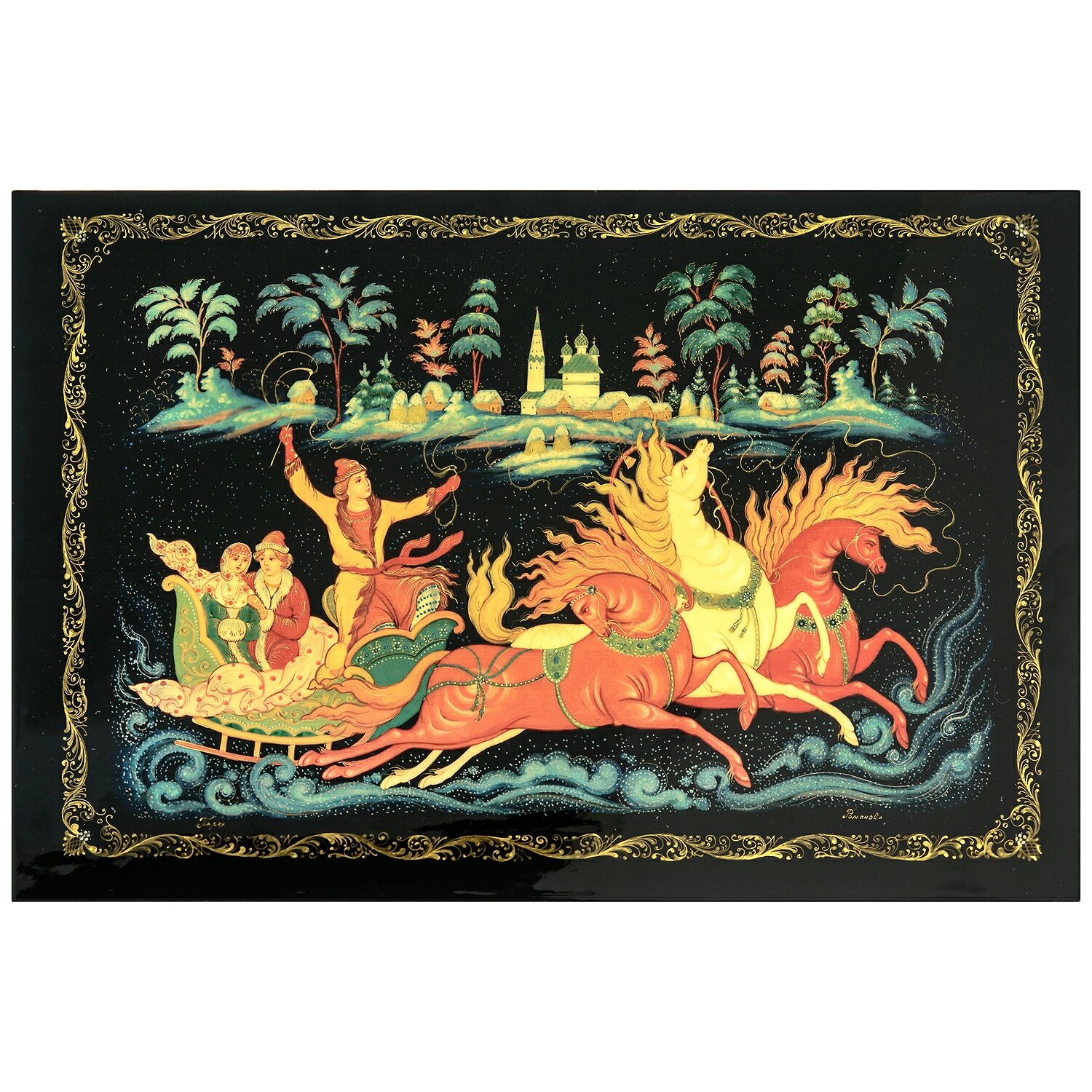 202009-30*20см Лаковая миниатюра Палех панно "тройка" Романова в П/У