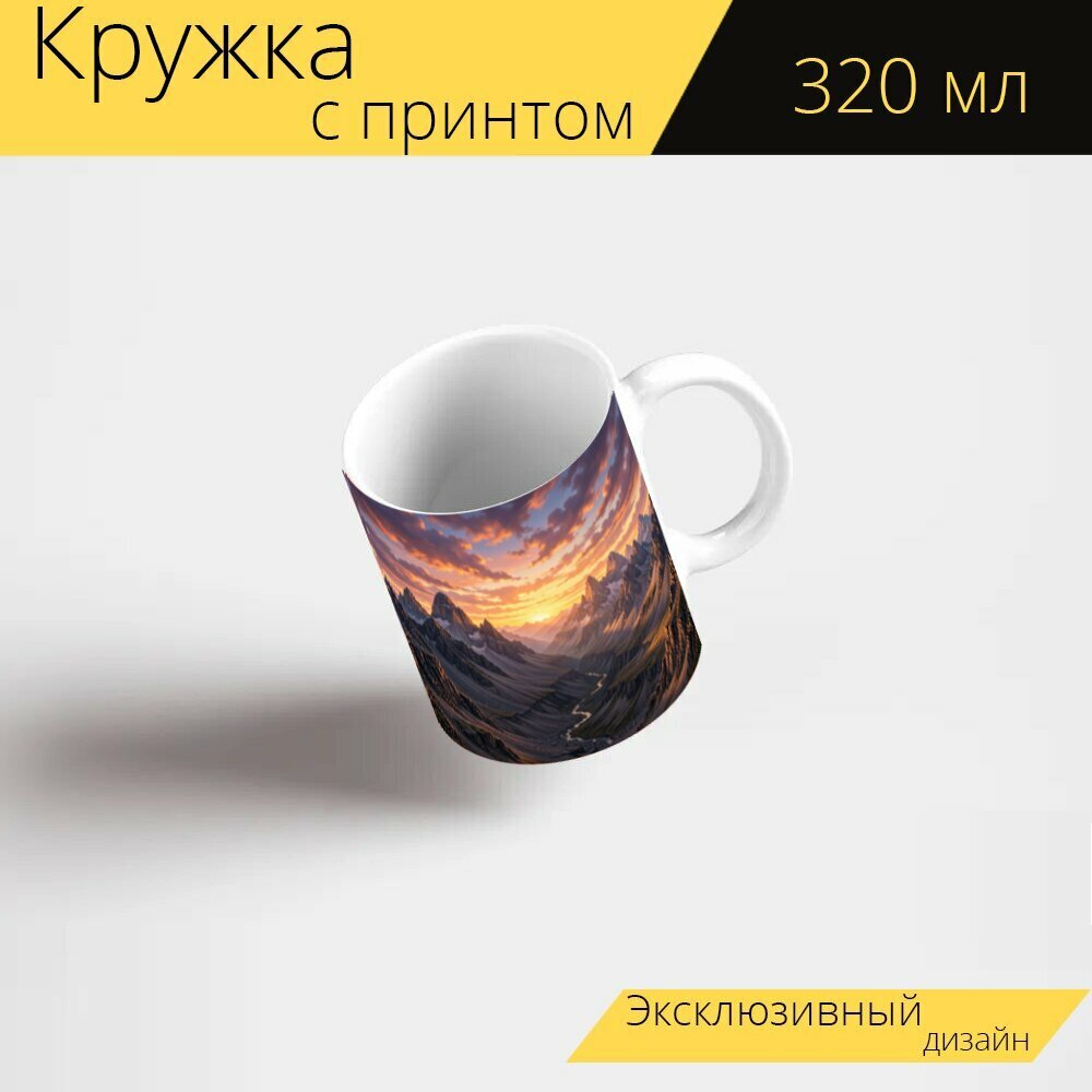 Кружка с рисунком, принтом "Горный каньон на закате. Величественные острые вершины, глубокая долина с извилистой рекой и драматичное небо в огненно-розовых и золотистых." 320 мл.