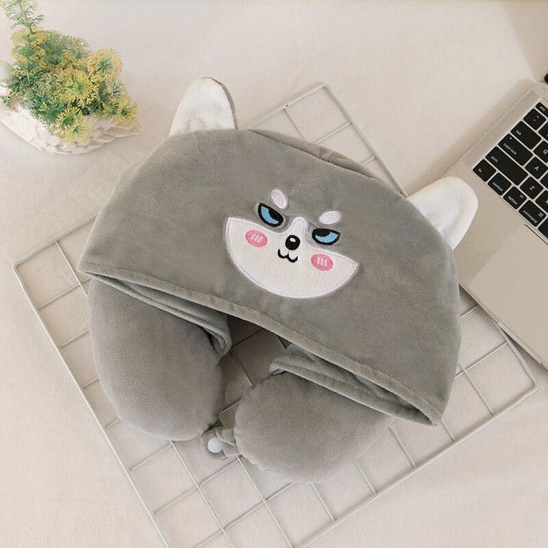 Мультяшная U-образная подушка, шляпа с капюшоном, хлопковая подушка для шеи, ортопедическая подушка, подушка для обеденного перерыва, подушка для путешествий на самолете, милая подушка для шеи