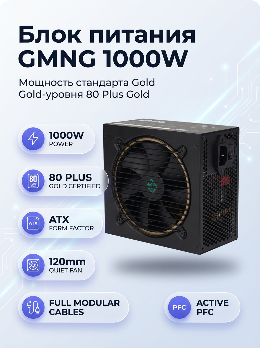 1000W GMNG ATX GG-PS1000M 80+ gold (20+4pin) APFC 120mm fan 9xSATA Cab Manag RTL (после ремонта!)