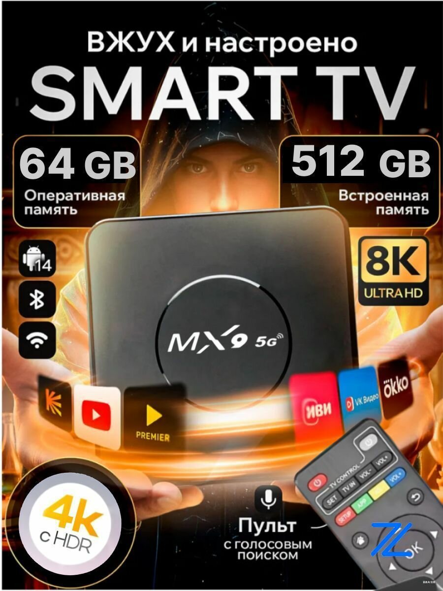 Смарт ТВ приставка 64/512 ГБ Android Wi-Fi 4K