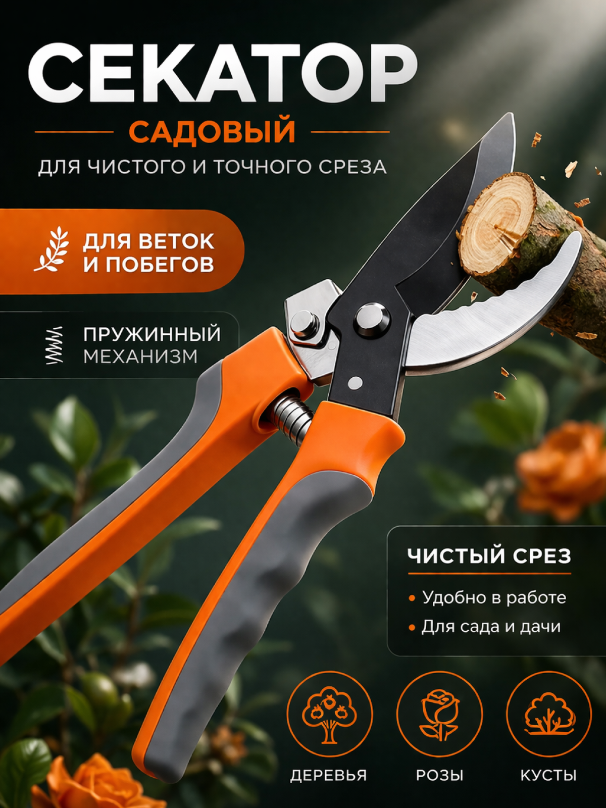 Ручной секатор садовый, пружинный, с блокировкой, диаметр до 25мм, оранжевый