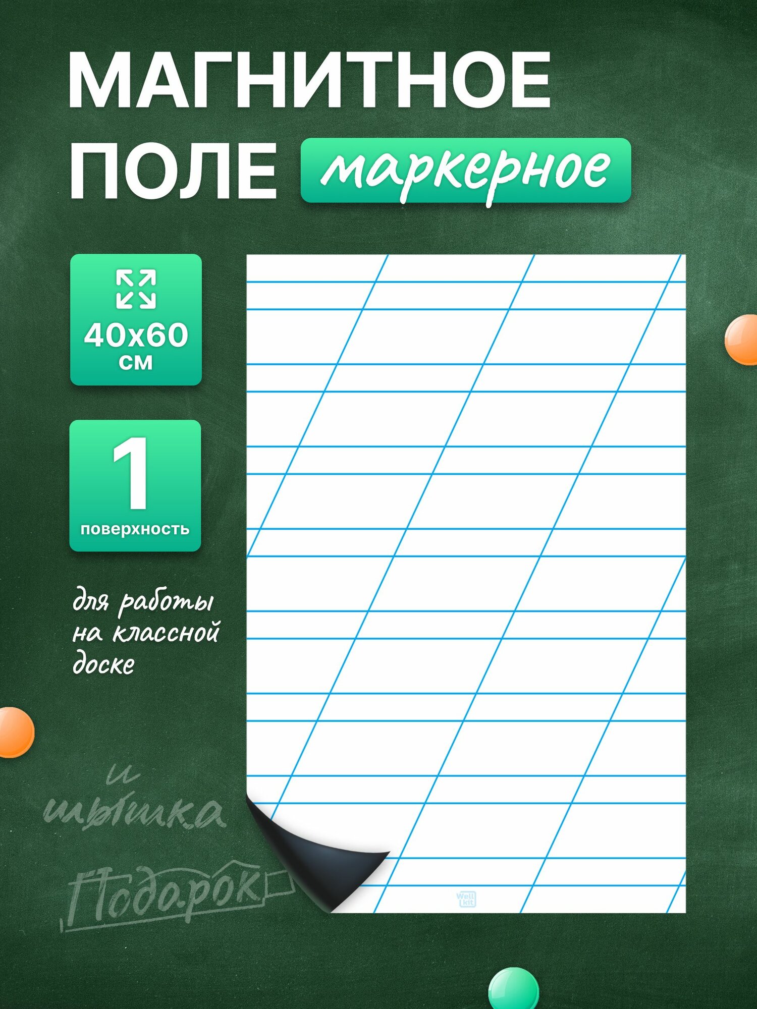 Разлиновка магнитная для школьной доски в редкую косую линию 40х60 см. WellKit
