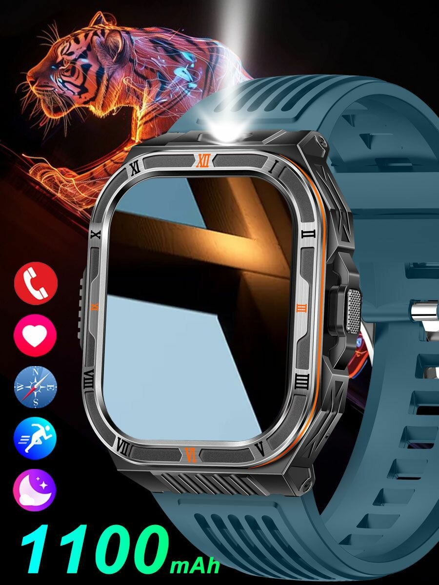 Cмарт часы мужские водонепроницаемые противоударные, с 1.7'большим amoled экраном, Оснащен функциями Bluetooth-звонков, компаса, фонарика и фитнес-трекера.