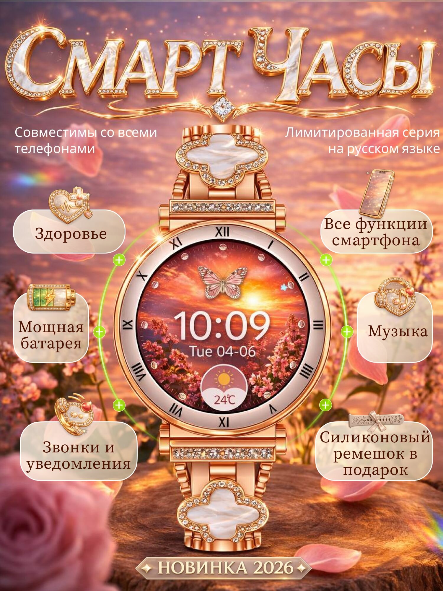 Умные часы женские, лимитированная Series, NEW Premium 2026, RU, 41mm, золотой